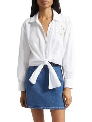 Cinq À Sept Marianna Crunchy Flower Appliqué Tie-front Shirt - White