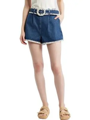 Farm Rio Embroidered Belted Shorts - Denim