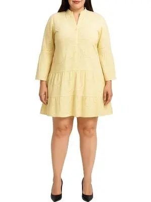 STANDARDS & PRACTICES Eyelet Embroidered Tiered Dress With Bell Sleeves - Yellow