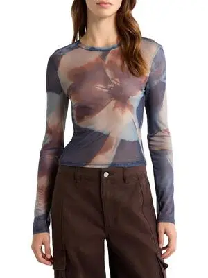 PACSUN Orchid Print Long Sleeve Mesh T-shirt - Blue/brown Multi