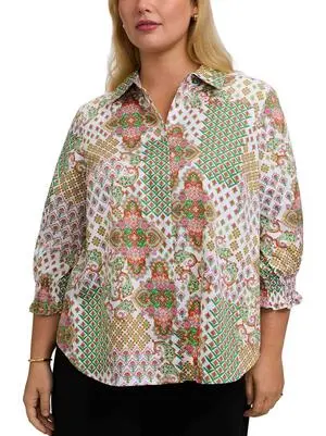 Foxcroft Olivia Patchwork Print Smocked Cuff Cotton Button-up Shirt - Green Multi