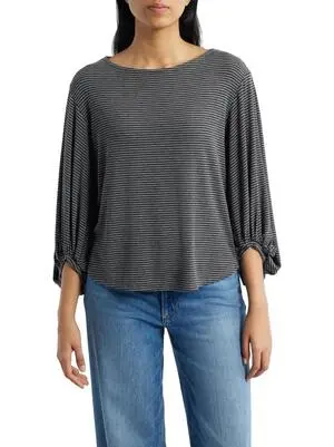 Wit & Wisdom Striped Knit Top With Balloon Sleeves - Heather Charcoal