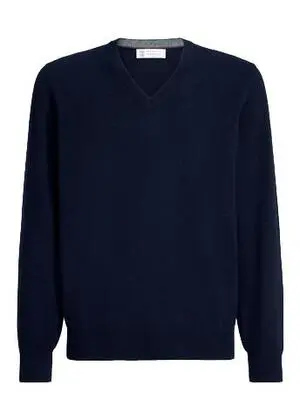 Brunello Cucinelli Cashmere V-neck Sweater - Navy Blue