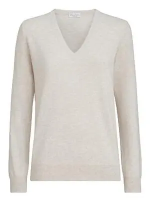 Brunello Cucinelli Cashmere Sweater With Monili Decoration - Oyster