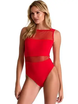 Shan Grid Mesh High-neck One-piece - Red