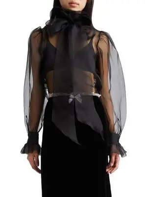 TANNER FLETCHER Simone Pussy Bow Silk Organza Shirt - Black