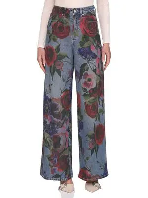 Avec Les Filles Floral Print High-waist Wide-leg Jeans - Portofino Rose