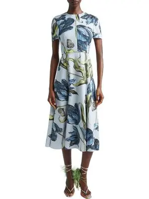 Erdem Etched Tulip Print Stretch Cady A-line Midi Dress - Etched Tulip Powder Blue
