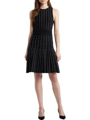 Anne Klein Stripe Pintuck Fit & Flare Dress - Anne Black/white Dove
