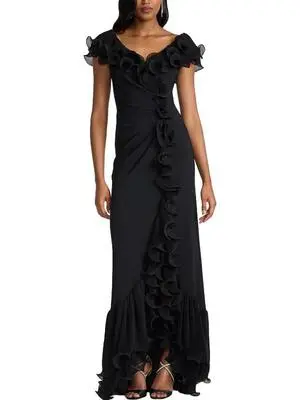 Tadashi Shoji Pleated Ruffle Gown - Black
