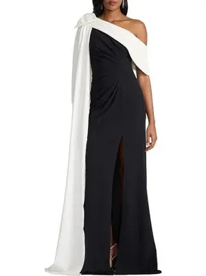 Tadashi Shoji Bow Cape Detail One-shoulder Gown - Black/ivory