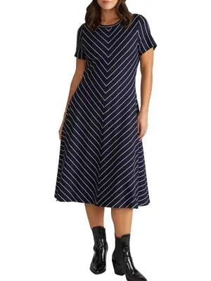 Universal Standard Imani Chevron Stripe Ponte Knit A-line Dress - Navy Blue Pinstripe