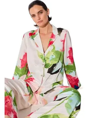 Natori Calypso Printed Charmeuse Notch Pajama Set - Stripe