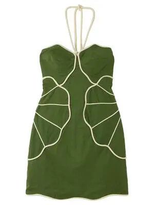 Farm Rio Appliquéd Linen-blend Halterneck Mini Dress - Green