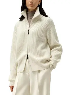 LILYSILK Ribbed-Knit Turtleneck Zip Cardigan