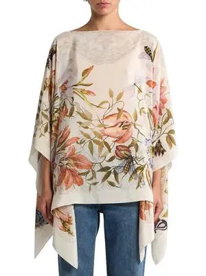 Etro Garden Print Silk Poncho Top - Multicolor On Beige Base