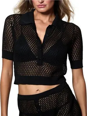 Kiki De Montparnasse Silk Crochet Cropped Button Down - Black