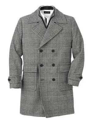 PAUL FREDRICK Wool Blend Plaid Double Breasted Topcoat - Black/white
