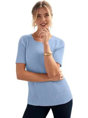 JESSICA LONDON Button Ribbed Knit Pullover Sweater - Azure Mist