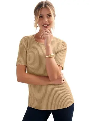 JESSICA LONDON Button Ribbed Knit Pullover Sweater - Soft Camel