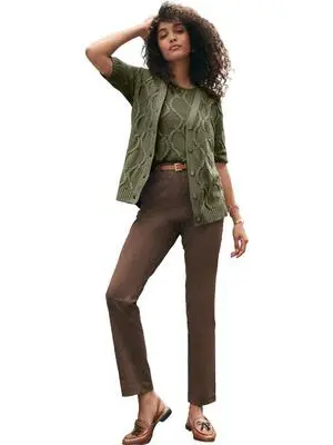 JESSICA LONDON Elbow Sleeve Cable Cardigan - Dark Olive Green