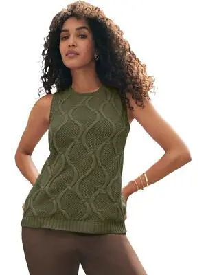 JESSICA LONDON Sleeveless Cable Knit Shell - Dark Olive Green