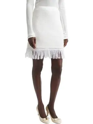 FERRAGAMO Open Knit Fringe Virgin Wool Skirt - White