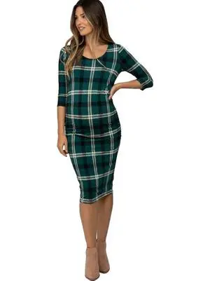 PINKBLUSH Plaid 3/4 Sleeve Maternity Dress - Forest Green