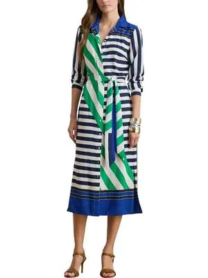 Ralph Lauren Stripe Tie Waist Midi Shirtdress - Navy Blue/white/green