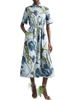 Erdem Etched Tulip Print Organic Cotton Poplin Shirt Dress - Etched Tulip Powder Blue
