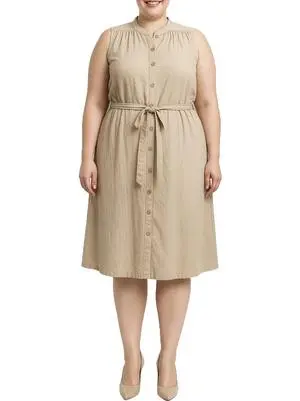 STANDARDS & PRACTICES Belted Sleeveless Cotton Shirtdress - Beige