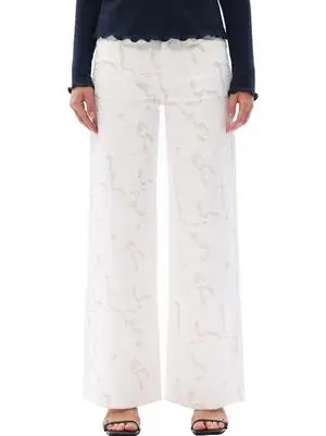 BAYEAS Lace Inset Embroidered Wide Leg Jeans - White