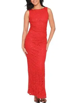 PETAL & PUP Ruben Sequin Lace Ruched Maxi Dress - Red