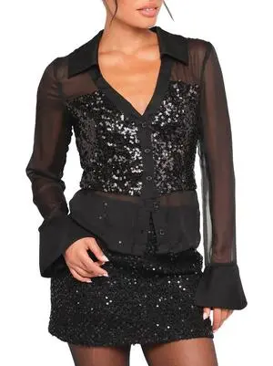 PETAL & PUP Sequin Embellished Mesh Shirt - Black