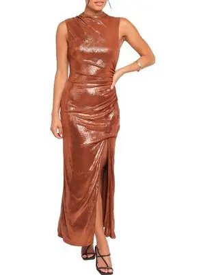 PETAL & PUP Emerie Ruched Metallic Maxi Dress - Bronze