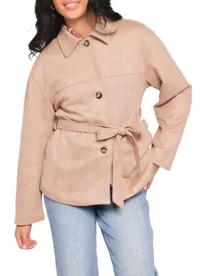 PETAL & PUP Faux Suede Cropped Trench Coat - Mushroom