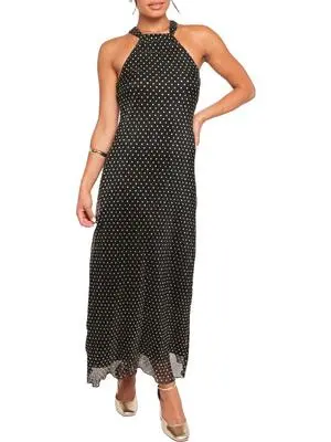PETAL & PUP Melody Plissé Metallic Dot Maxi Dress - Black/gold Polka Dot