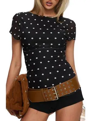 Princess Polly Attraction Polka Dot Mesh Top - Black Polka