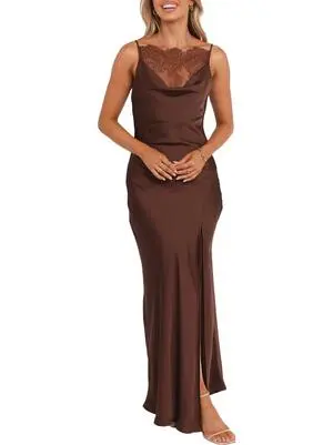 PETAL & PUP Lace Inset Cowl-neck Column Gown - Brown