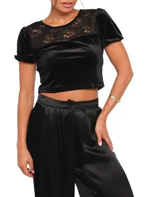 PETAL & PUP Caitlin Lace & Velvet Crop Top - Black Velvet