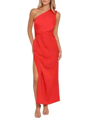 PETAL & PUP Nadia One-shoulder Gown - Red Jacquard Satin