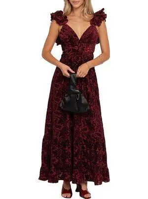 PETAL & PUP Harmony Beaded Cutout Maxi Dress - Burgundy Metallic Floral