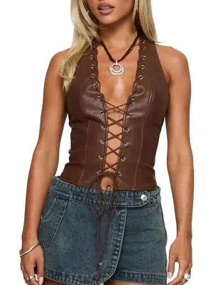Princess Polly Lace-up Faux Leather Halter Top - Chocolate