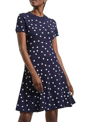 ISAAC MIZRAHI NEW YORK Polka Dot Fit & Flare Sweater Dress - Navy/white