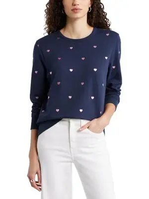 Caslon Foil Heart Print Crewneck Sweatshirt - Navy Still Foil Mini Heart