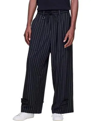 Y3 Pinstripe Oversized Wide Leg Drawstring Pants - Black