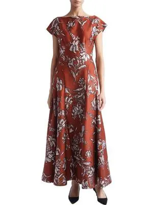 Lela Rose Metallic Floral Brocade A-line Gown - Brick