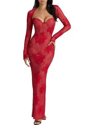 House Of Cb Lace Corset Strapless Gown With Bolero - Red