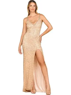 LARA NEW YORK Fitted Beaded Gown With Spaghetti Straps - Blush
