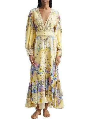 Camilla Floral Long Sleeve Silk Button Front Dress - Darling Buds